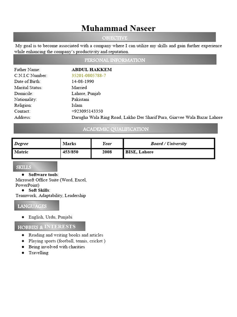 Muhammad Naseer: Objective Personal Information | PDF