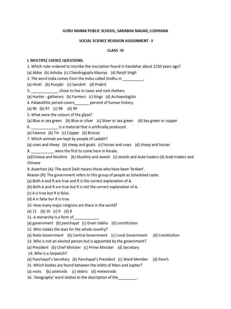 Social Science Practice Assignment 3, Class 6,2024 | PDF