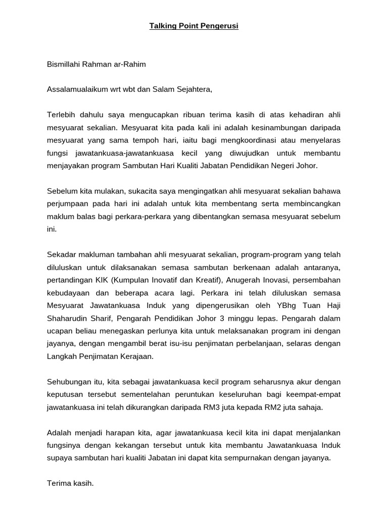 Talking Point Pengerusi (Mock Meeting) | PDF