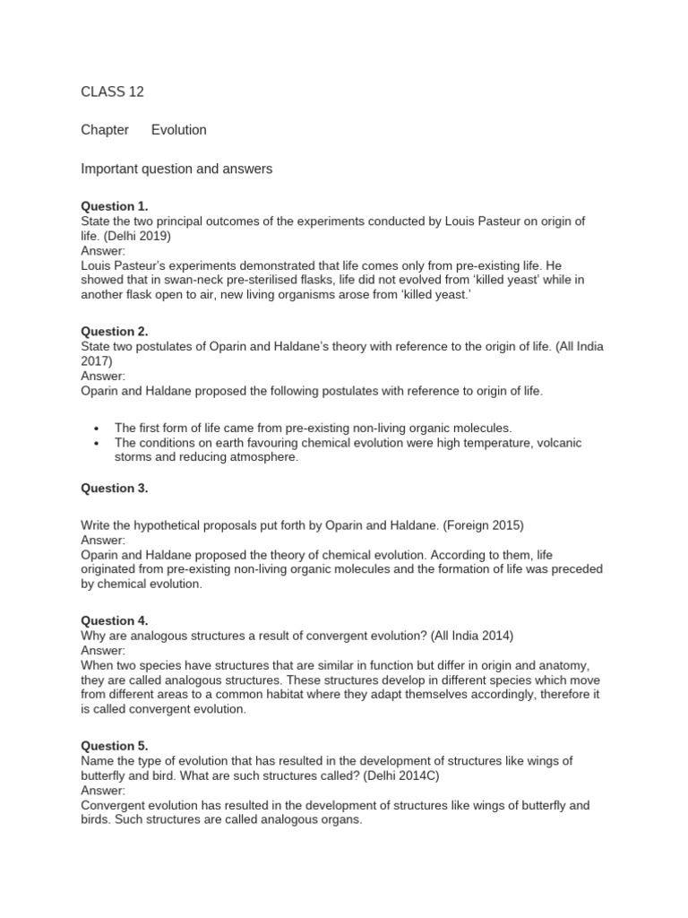 Evolution Imp Qus and Ans Class 12 | PDF
