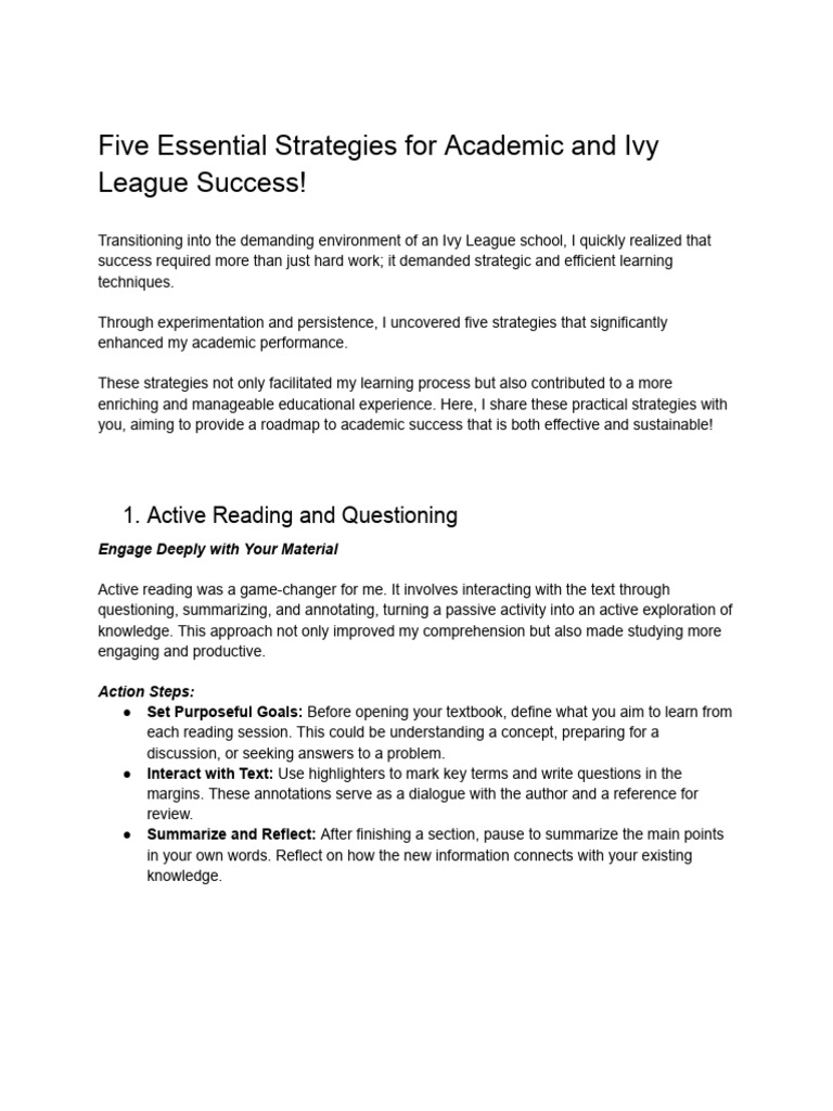 Five Essential Strategies For Academic and Ivy League Success! | PDF