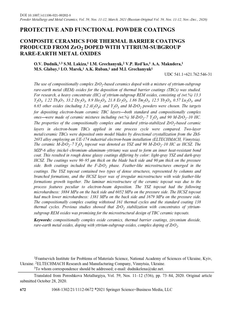 Composite Ceramics For Thermal Barrier Coatings Produced From ZrO2 ...