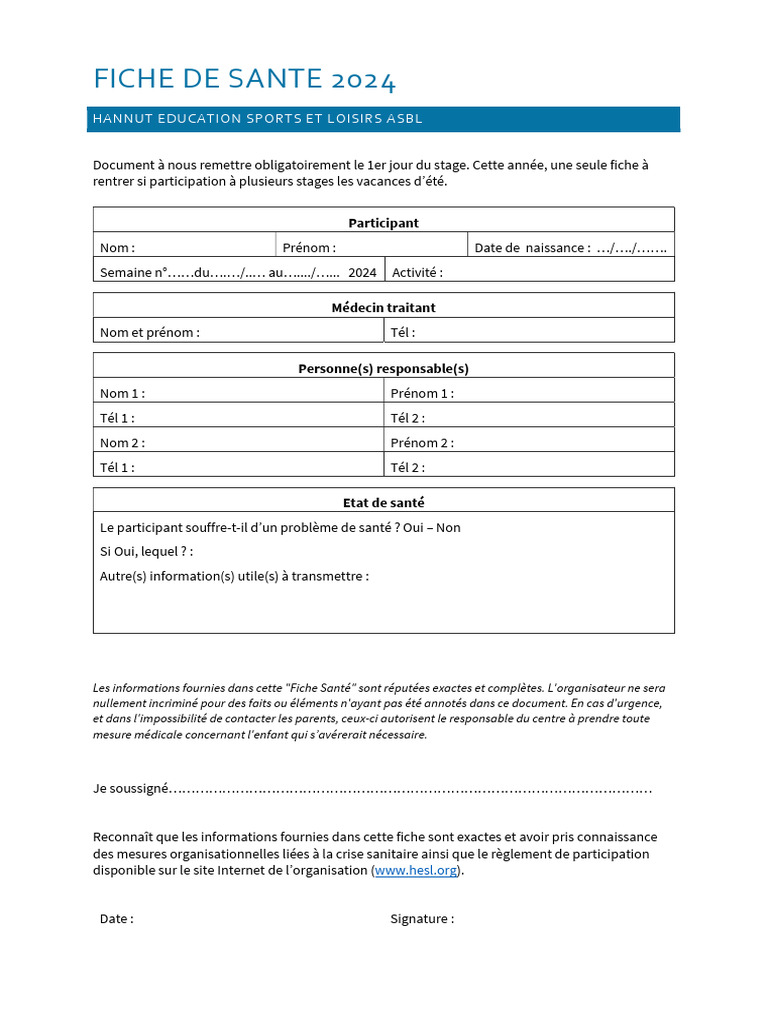 Fiche de Sante 2024 | PDF