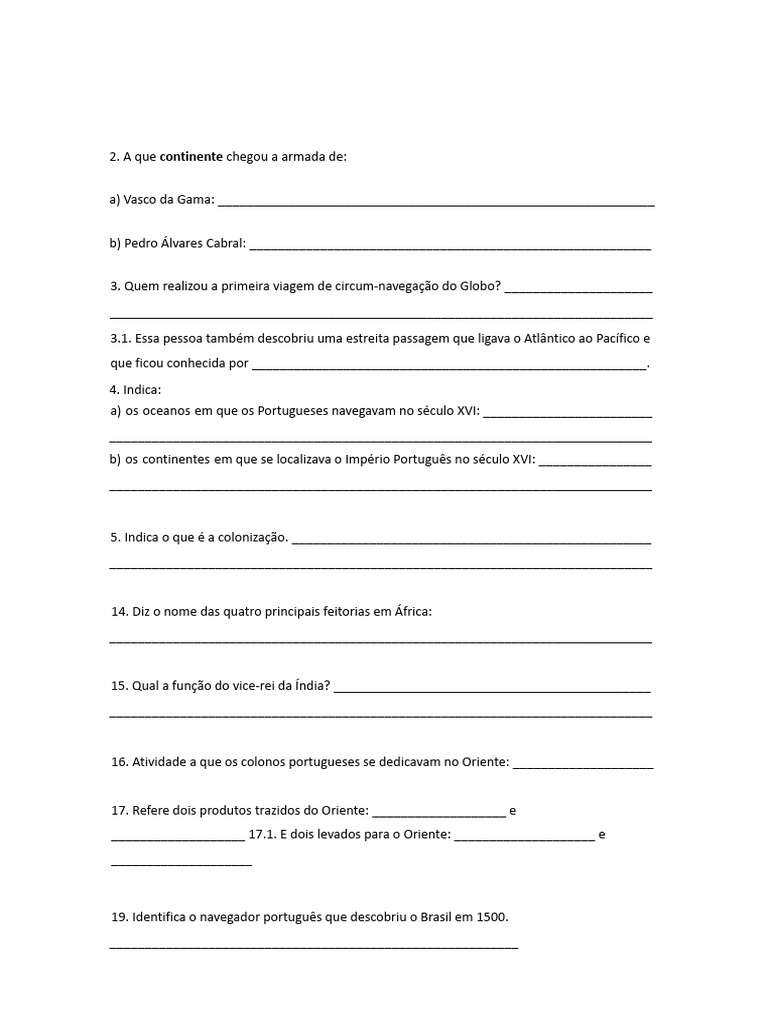 Ficha - Historia - 5 - Ano - o Imperio - Portugues - No - Seculo - XVI ...