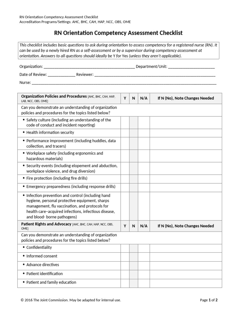 04 RN Orientation Competency Assessment Checklist | PDF
