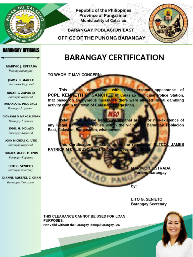 Barangay Certification - Calasiao PNP | PDF