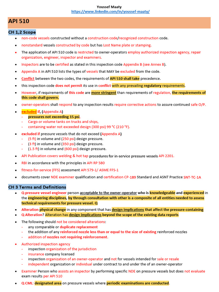 Summary of Pressure Vessel Inspection Highlights API 510 | PDF ...