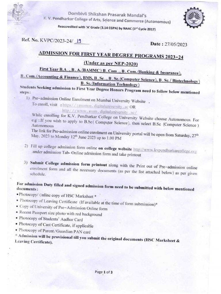 First Year Admission 2023-2024 | PDF