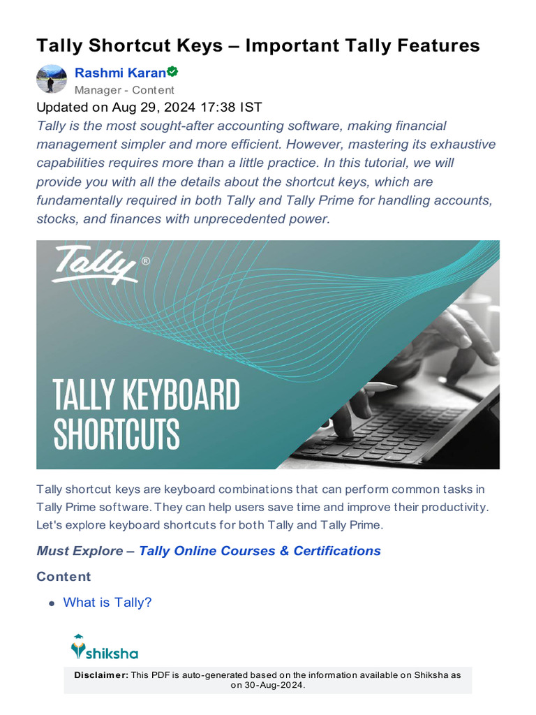 Tally Shortcut Keys - Important Tally Features: Rashmi Karan | PDF