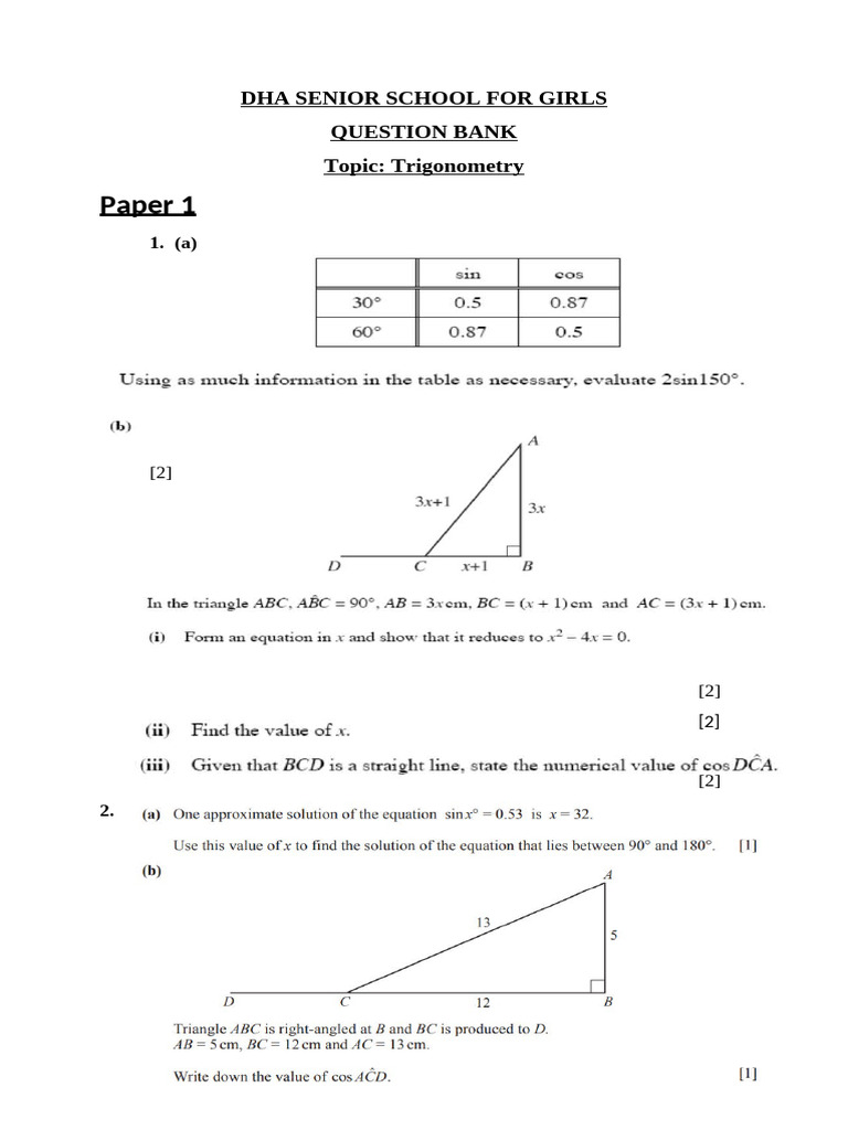 Trigonometry P1 Worksheet Pdf