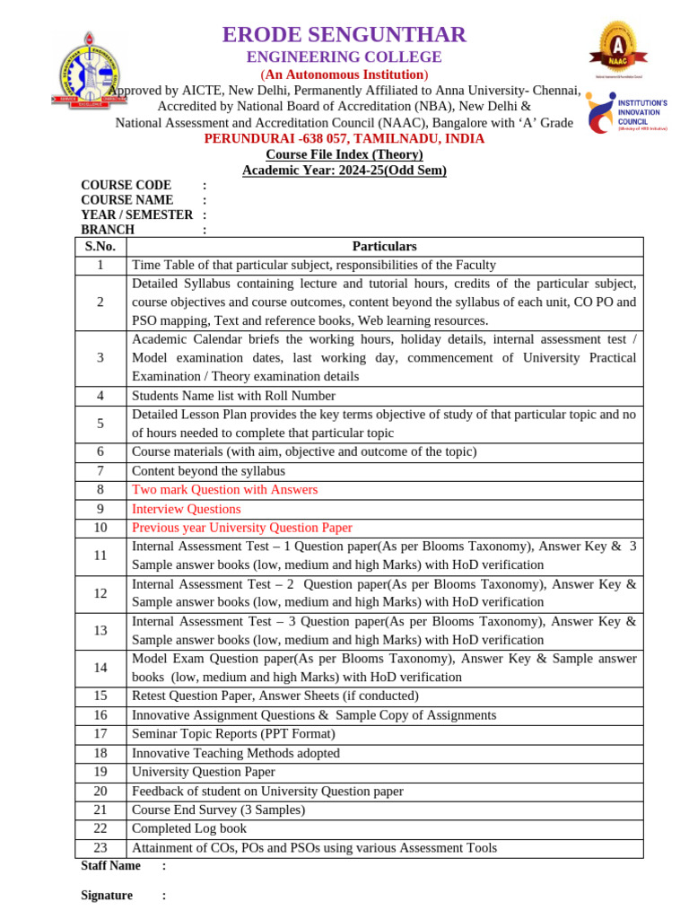 Course File Index | PDF