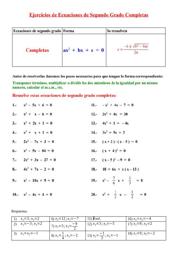 Hoja de Trabajo Ecuaciones Cuadrã¡ticas | PDF