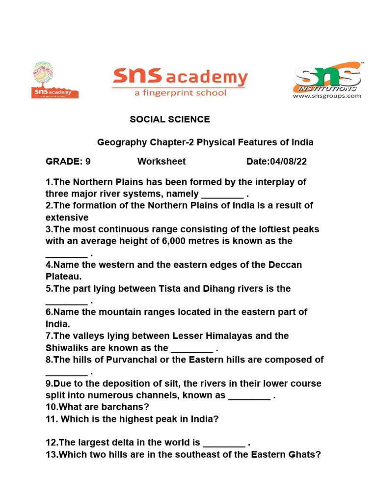 Grade 9 Worksheet Geo - Chapter 2 Physical Features of India | PDF