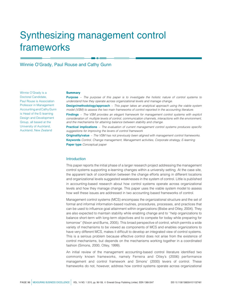 Synthesizing Management Control Frameworks | PDF