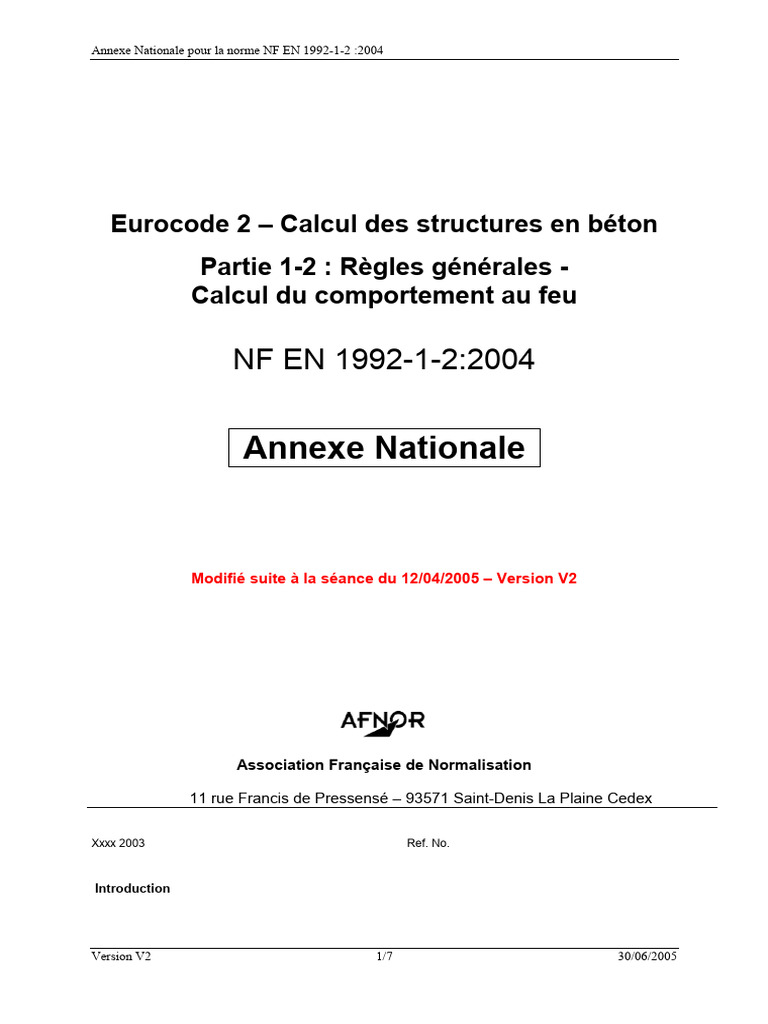 NF P18-712 (EC2 Partie 1-2 Annexe 2005-04-12) Calcul Du Comportement Au Feu | PDF