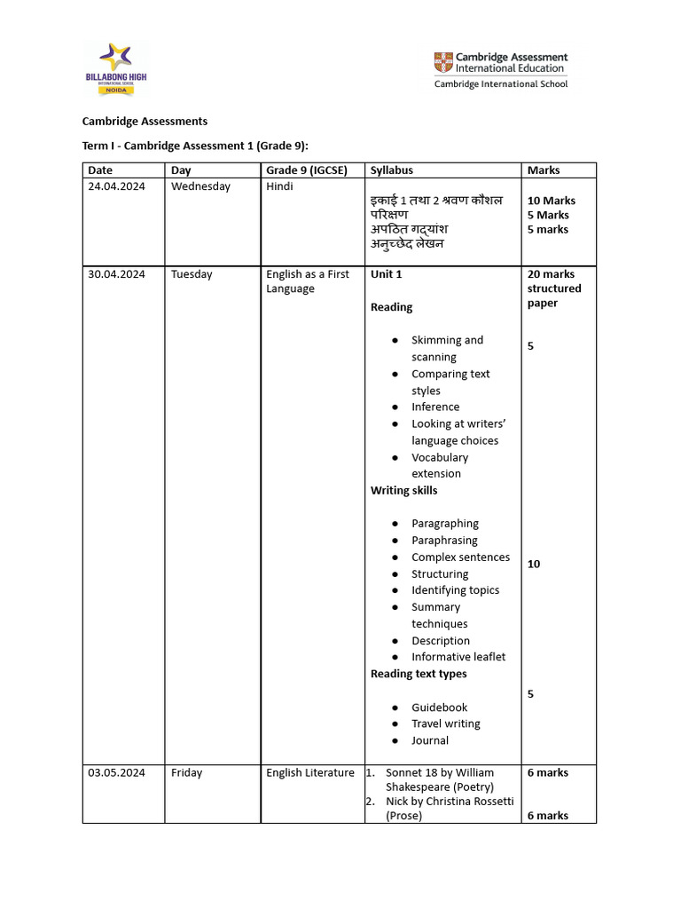 Assessment 1 Syllabus Cambridge Grade IX IGCSE | PDF