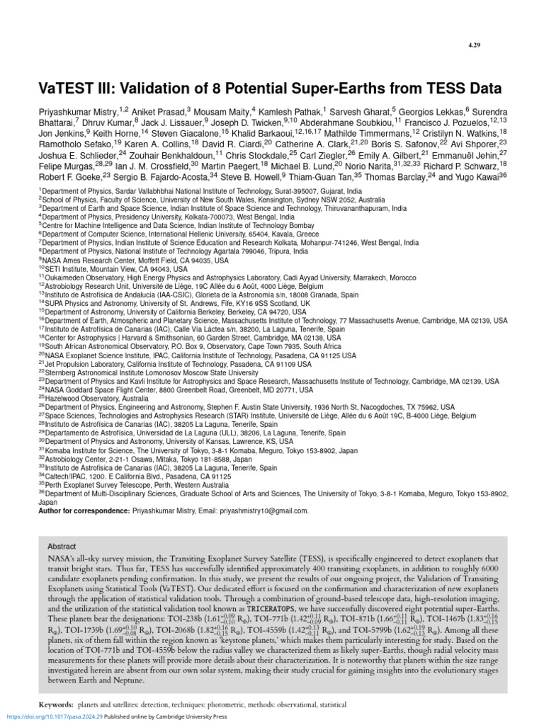 Vatest III Validation of 8 Potential Super Earths From Tess Data | PDF