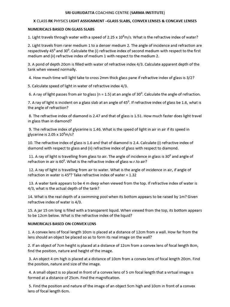 X RK PHY SLABS, CONVEX,CONCAVE LENS ASSIGNMENT | PDF