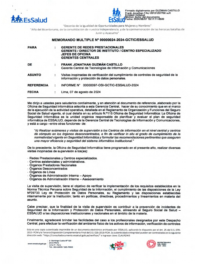 Memorando Multiple #24-2024-GCTIC ESSALUD | PDF