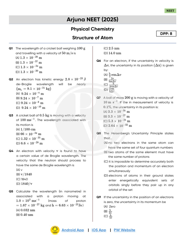 Structure of Atom - DPP 08 (Of Lecture 12) - Arjuna NEET 2025 | PDF