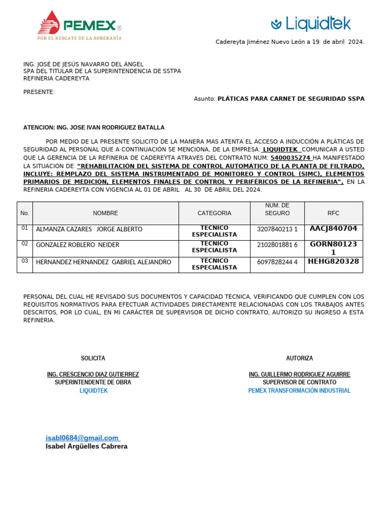 Oficio Platicas de Seg. 24 Abril | PDF
