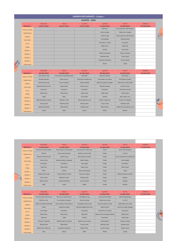 Cardápio DDE 08.24.xlsx CEFET I | PDF