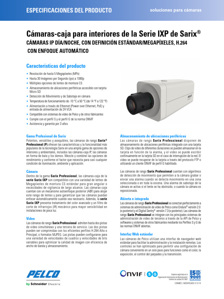Sarix IXP Series Indoor Box Cameras Specification Sheet - Spanish 12-3 ...