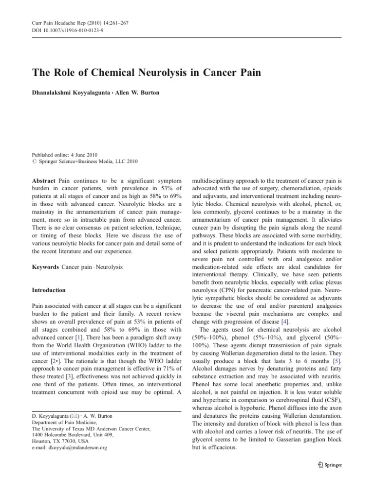 The Role of Chemical Neurolysis in Cancer Pain | PDF | Human Anatomy ...