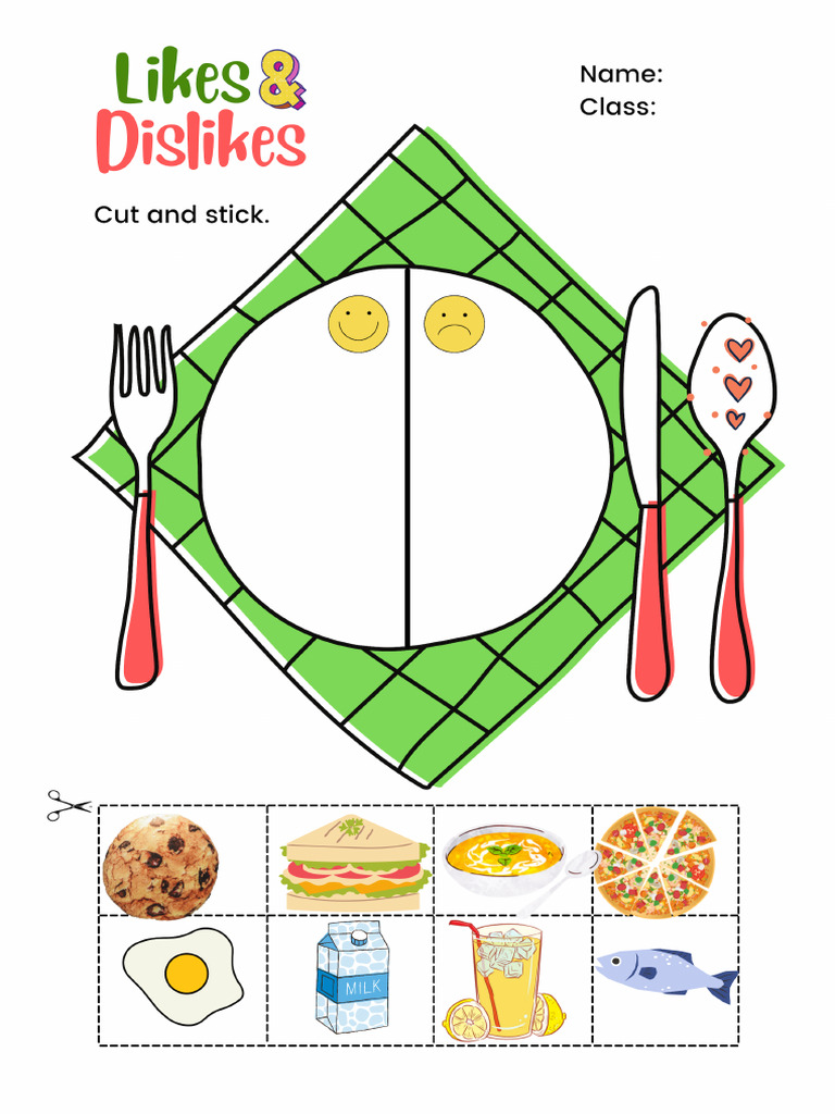 Colourful Crafting Cutting Likes & Dislikes Food English Worksheet | PDF