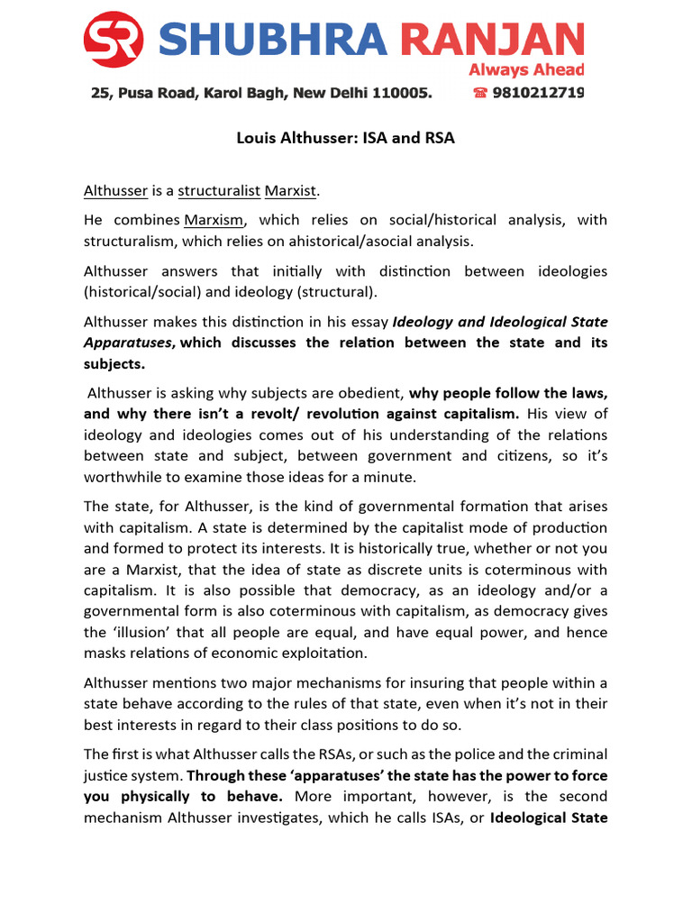 Louis Althusser: ISA and RSA: Ideology and Ideological State ...