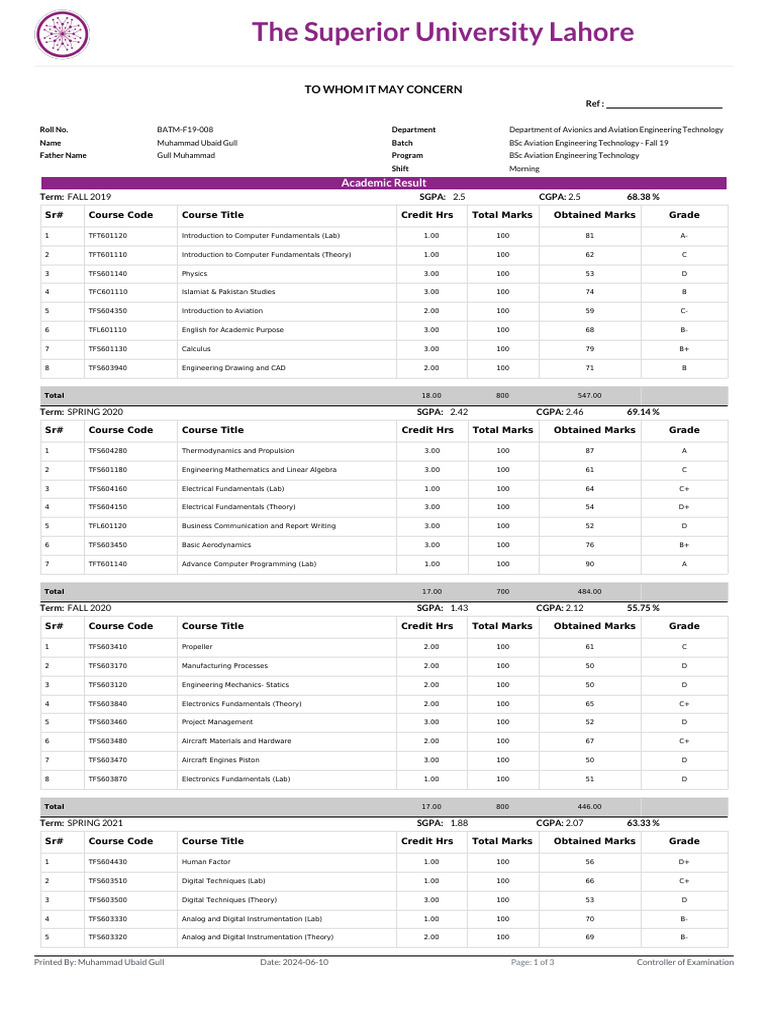 Bachelors Transcript | PDF