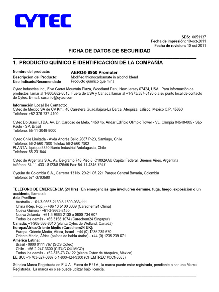 Cytec: Ficha de Datos de Seguridad 1. Producto Químico E Identificación ...