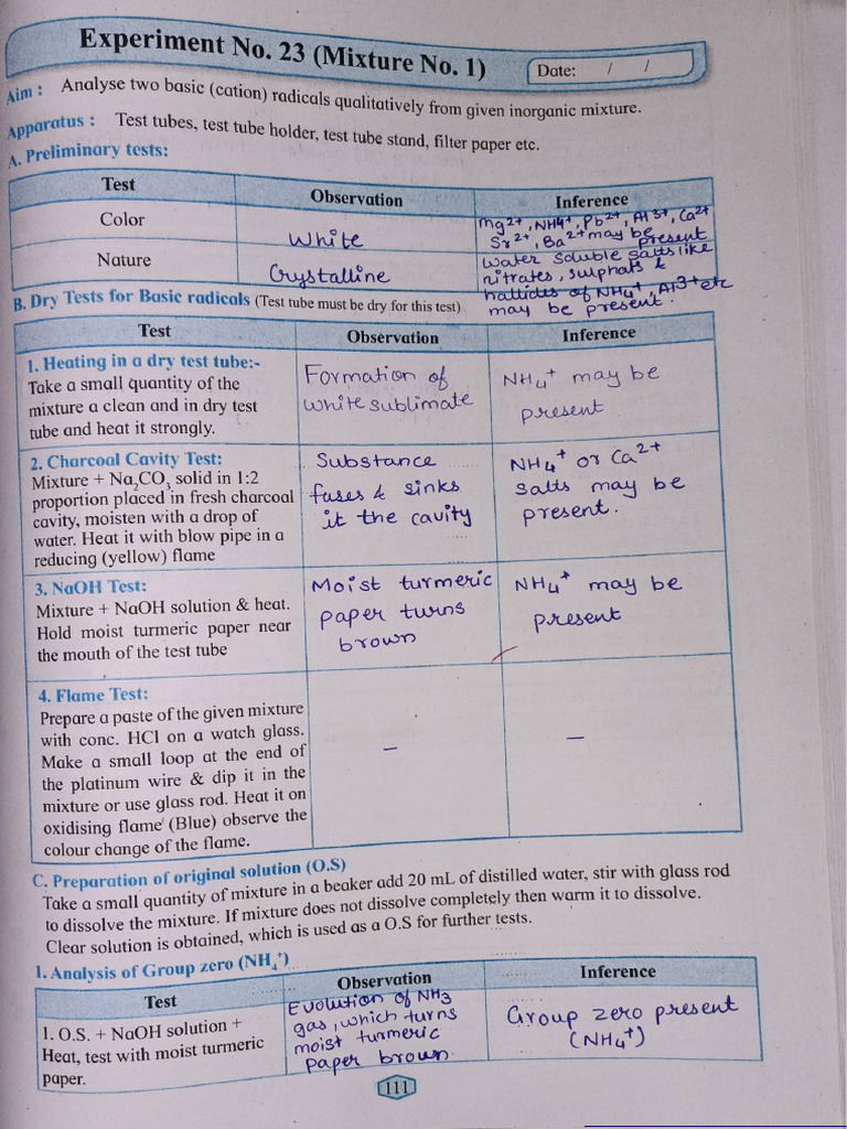 Chemistry Practical For Qualitative Analysis of Two Cations (Basic Radicals) | PDF