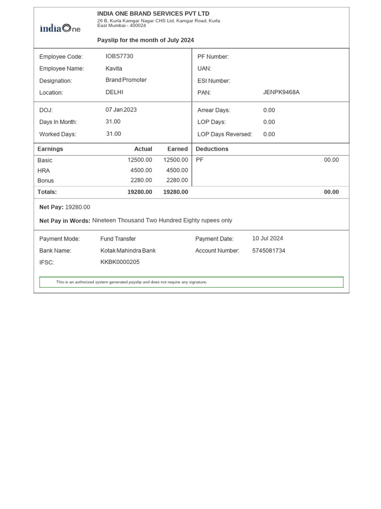 Kavita July Payslip 2024 | PDF