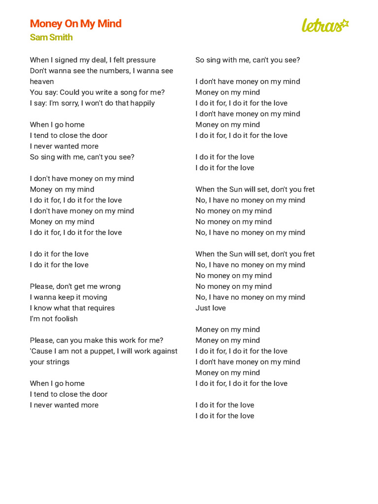 Money On My Mind - Sam Smith (Impressão) | PDF