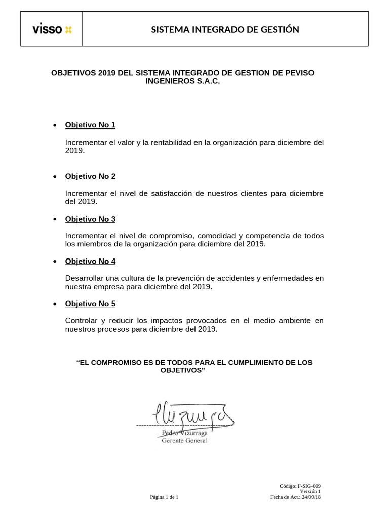 F-Sig-009 Objetivos Del Sig | PDF