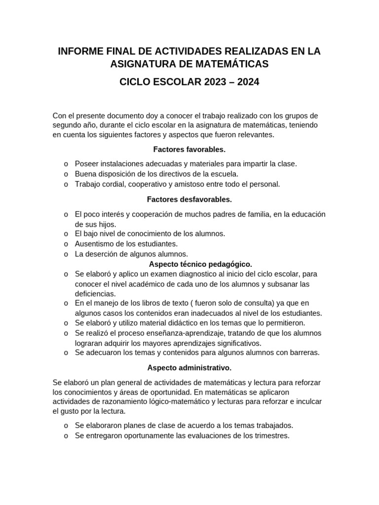Informe Final de Matemáticas Ciclo Escolar | PDF | Evaluación | Modificación de comportamiento