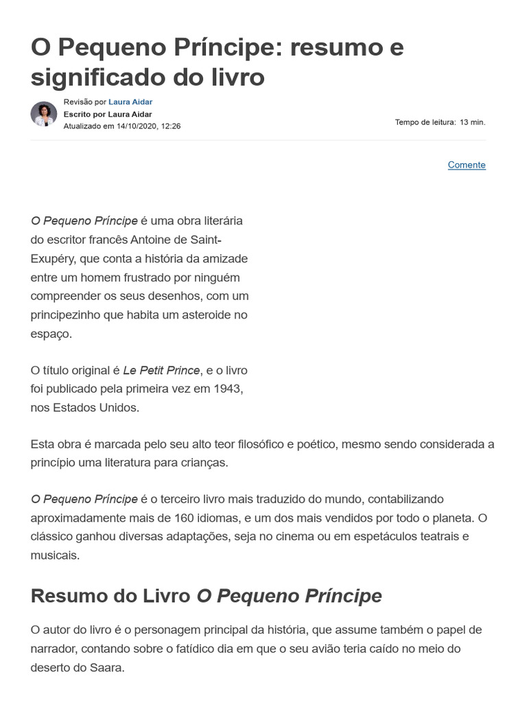 O Pequeno Príncipe - Resumo e Significado Do Livro - Cultura Genial | PDF