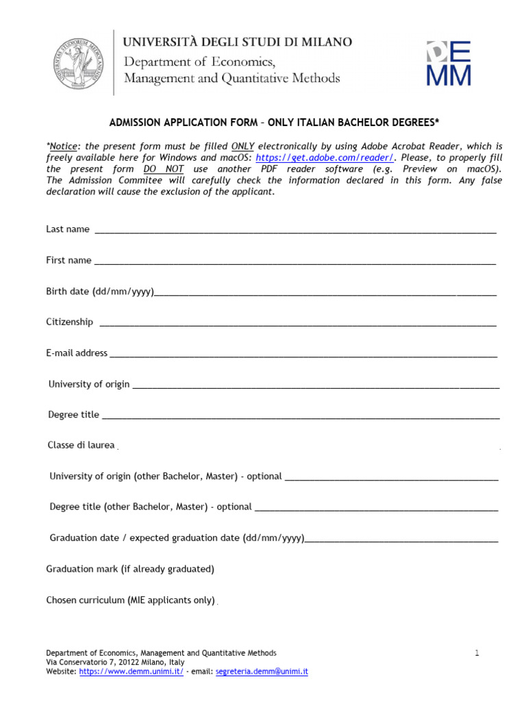 Admission Application Form Italian Degree V4 | PDF