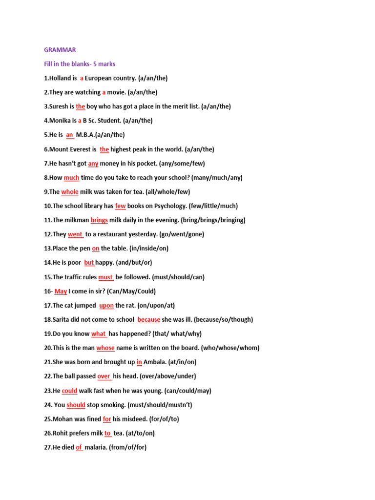 11th English Grammar Fill Ups-1 | PDF