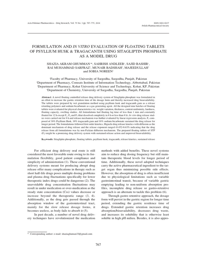 2018 Formulation and in Vitro Evaluation of Floating Tablets of Psyllium Husk | PDF