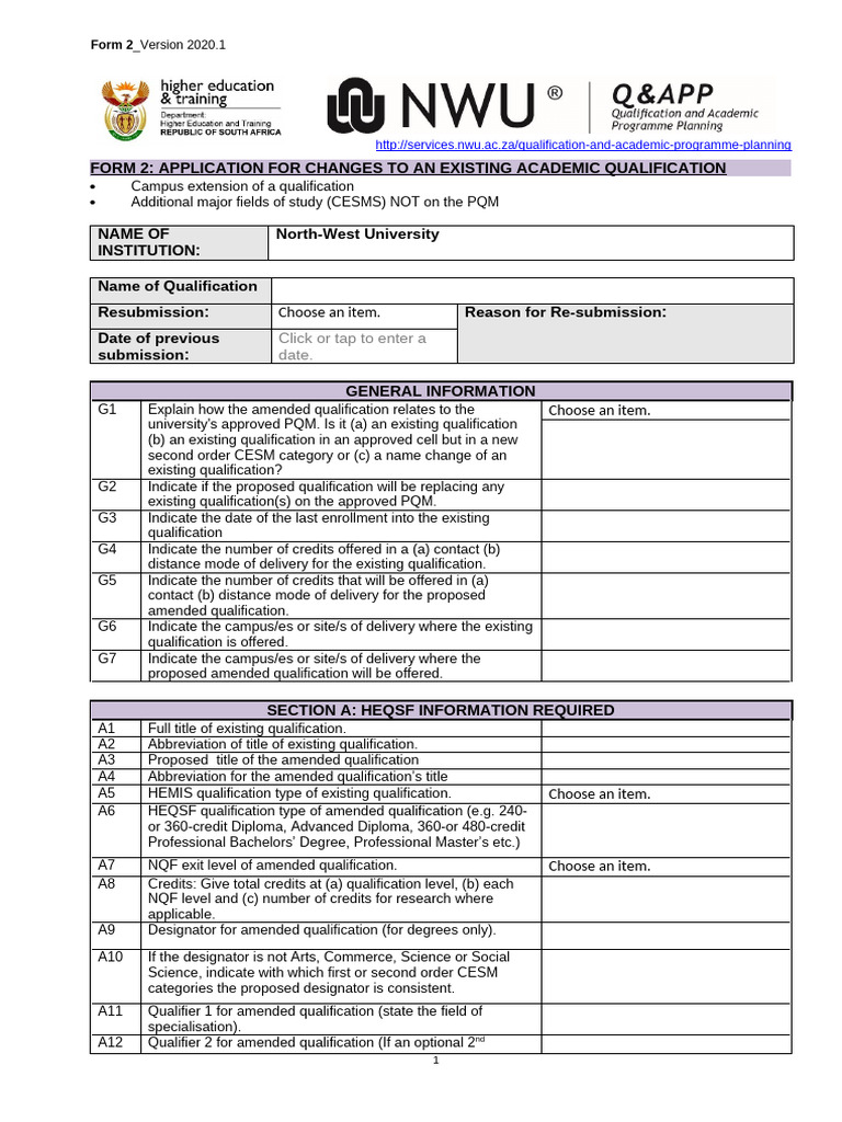 2020-03-18 Q&APP Form 2 DHET Changes To Existing V20 - 1 FINAL2 | PDF