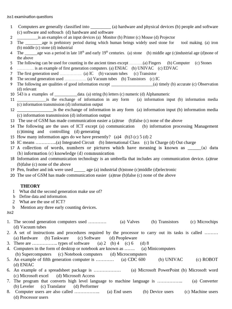 Jss1 Examination Questions | PDF | Spreadsheet | Software