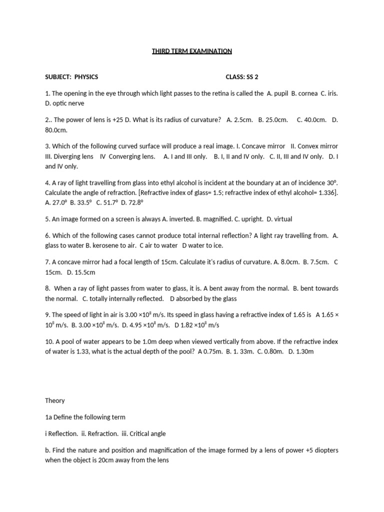 Ss 2 Physics Third Term Exams | PDF