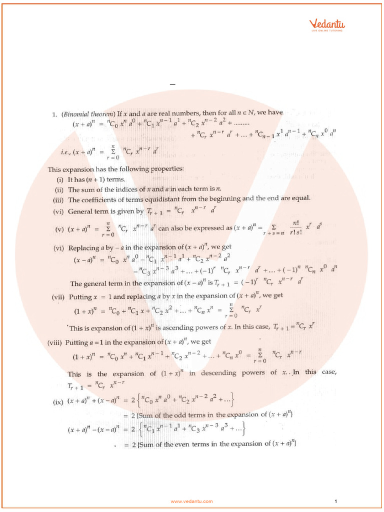 CBSE Class 11 Maths Chapter 8 - Binomial Theorem Formulas | PDF