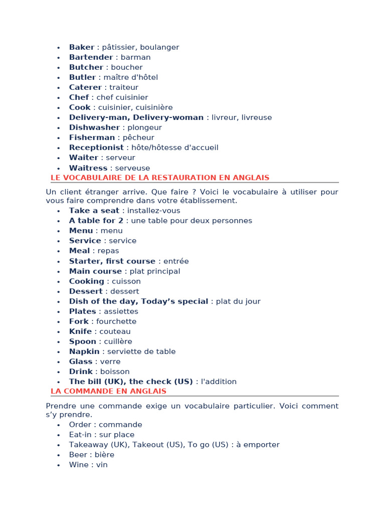 Le Vocabulaire de La Restauration en Anglais | PDF