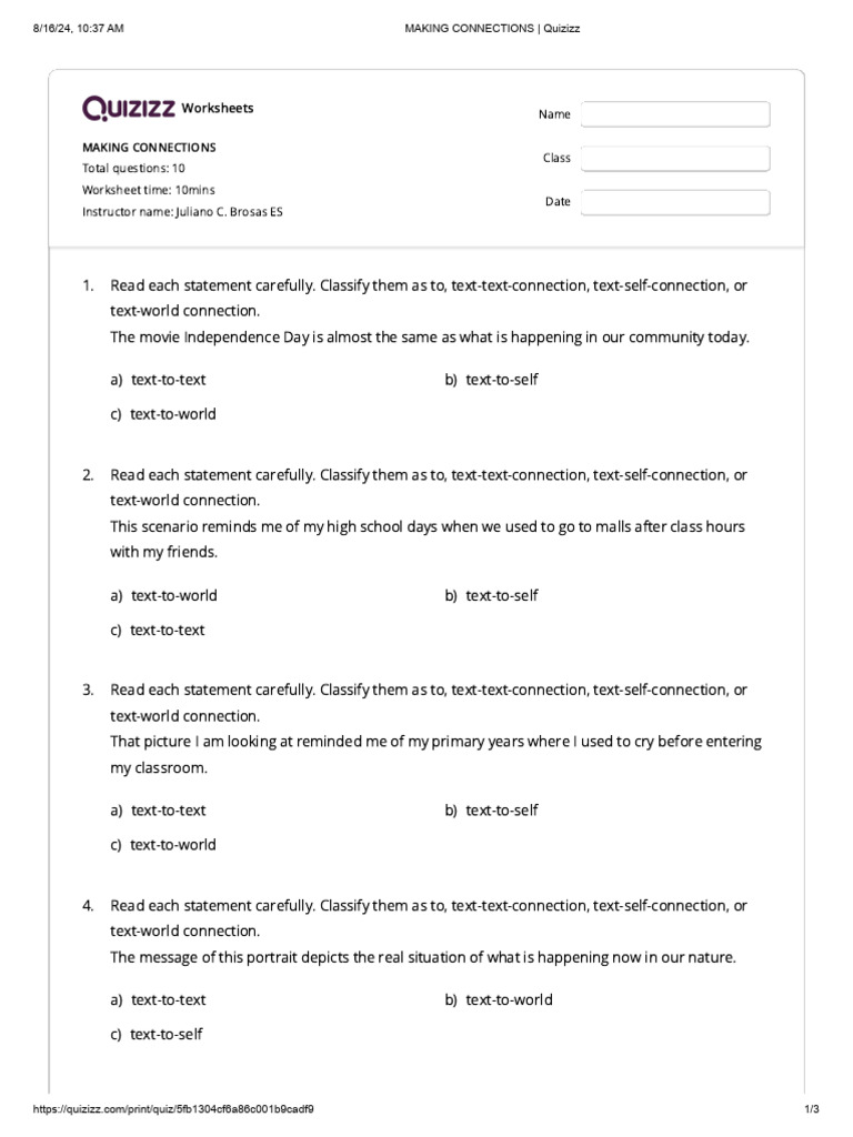 Making Connections - Quizizz | PDF