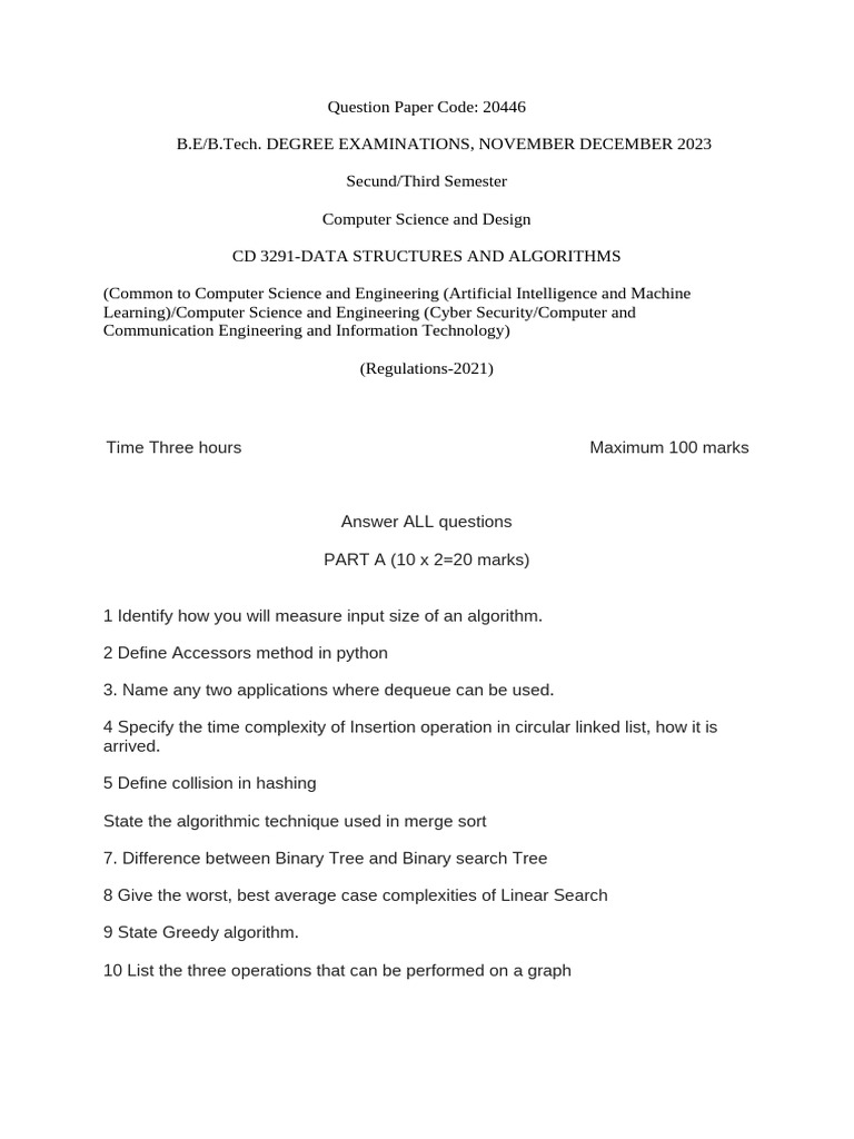 Data Structure Question Paper | PDF