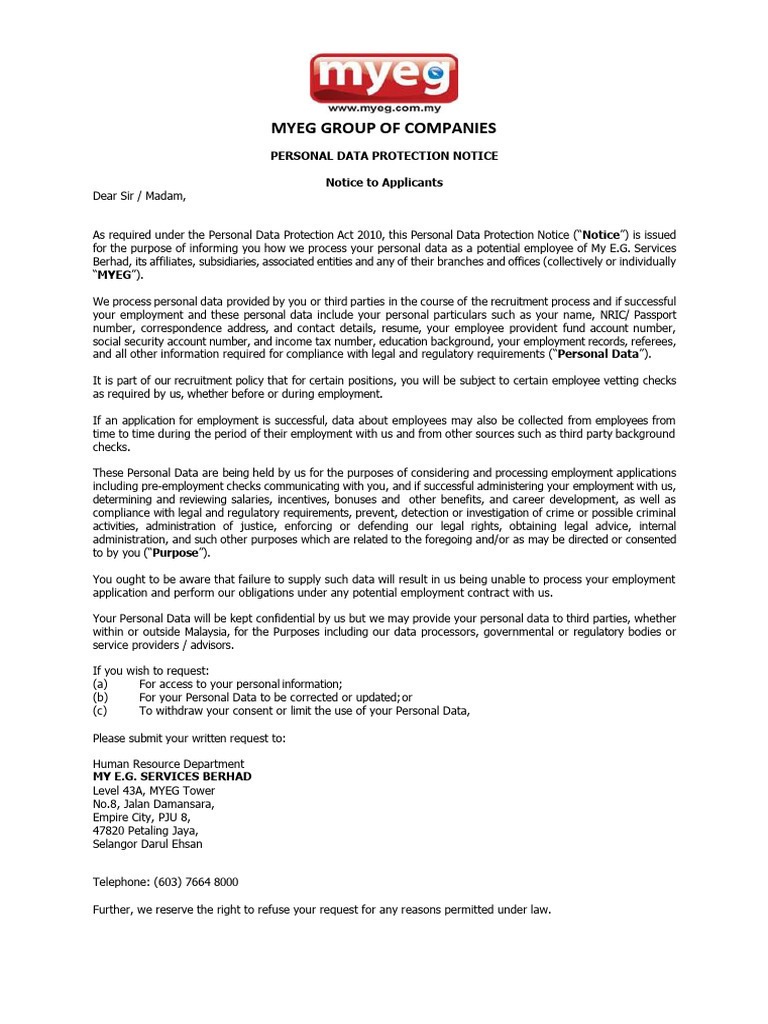 MYEG GROUP of COMPANIES Personal Data Protection Notice - Applicants. | PDF