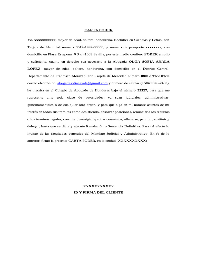 Ejemplar de Carta Poder Formato Honduras | PDF